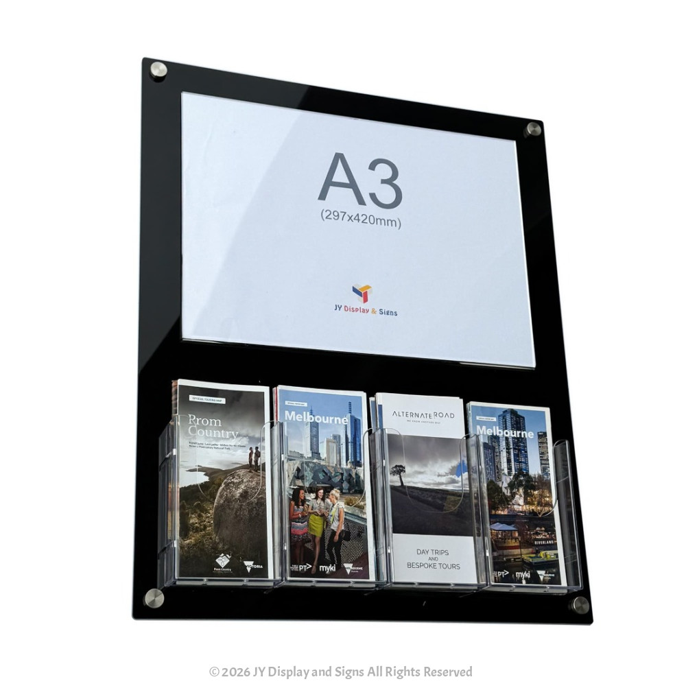 Acrylic sign board with 1 A4 Sign Holder and 3 DL Brochure Holders