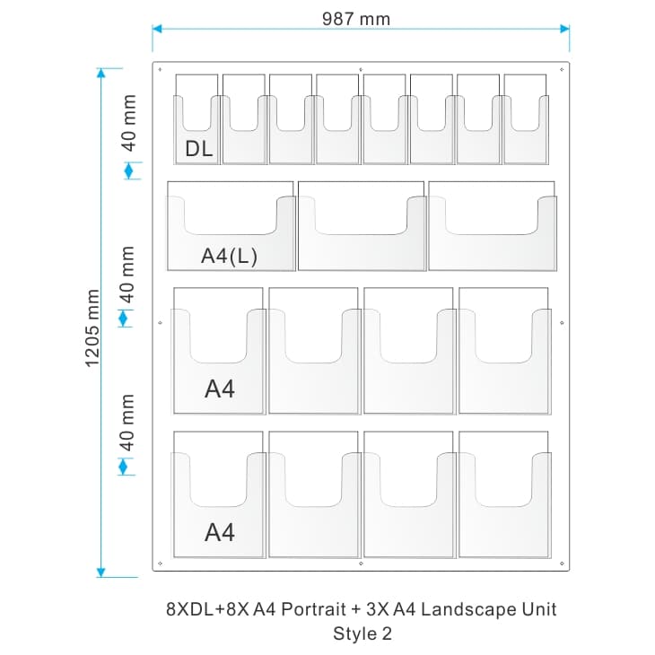 Wall Mount Brochure Display Unit - 8 X DL + 8 X A4P + 3 X A4L