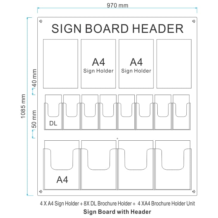 Acrylic Sign Board - 4 x A4 Sign Holder+ Brochure Holder